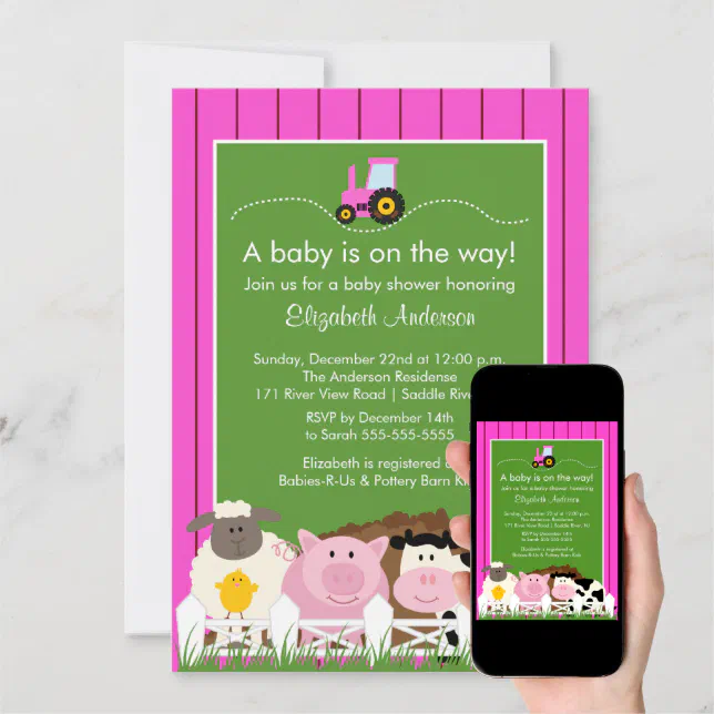 Barnyard Animals Baby Shower Invitation Pink Girls | Zazzle