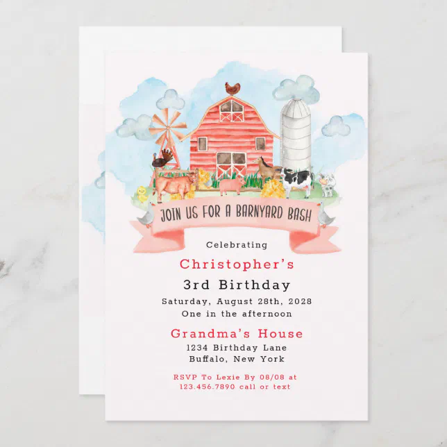 Barnyard Bash Farm Animals 3rd Birthday Party Invitation | Zazzle