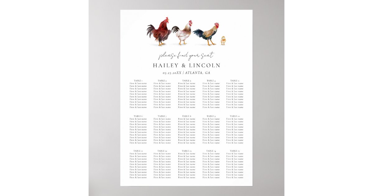Barnyard Chicken Wedding Seating Chart | Zazzle