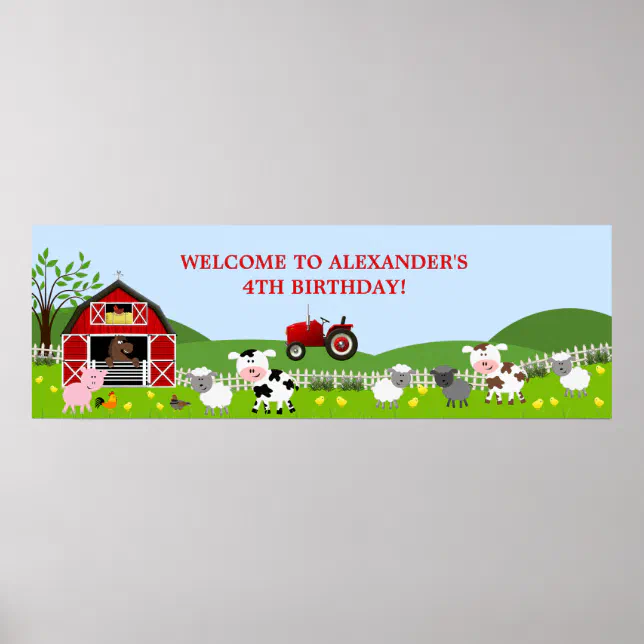 Barnyard Farm Animals Birthday Banner Poster | Zazzle