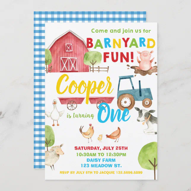 Barnyard Fun 1st Birthday Party Farm Animals Blue Invitation | Zazzle