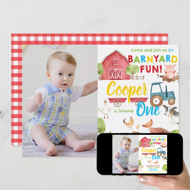 Barnyard Fun 1st Birthday Party Farm Animals Photo Invitation | Zazzle