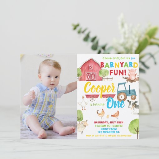 Barnyard Fun 1st Birthday Party Farm Animals Photo Invitation | Zazzle