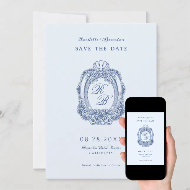 Baroque Crest French Blue Wedding Save The Date | Zazzle
