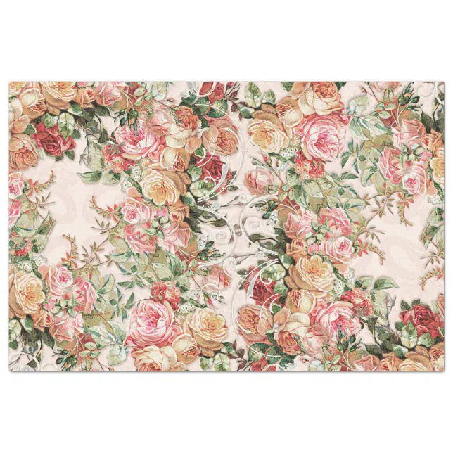 Baroque Elegant Rose Floral Blush Gold Decoupage Tissue Paper | Zazzle