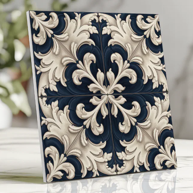 Baroque Ornamental Ivory and Navy Ceramic Tile | Zazzle