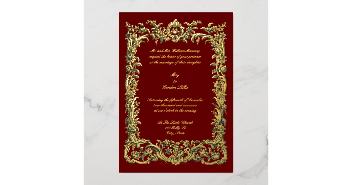 Baroque Rococo Floral Border With Two Hearts Foil Invitation | Zazzle