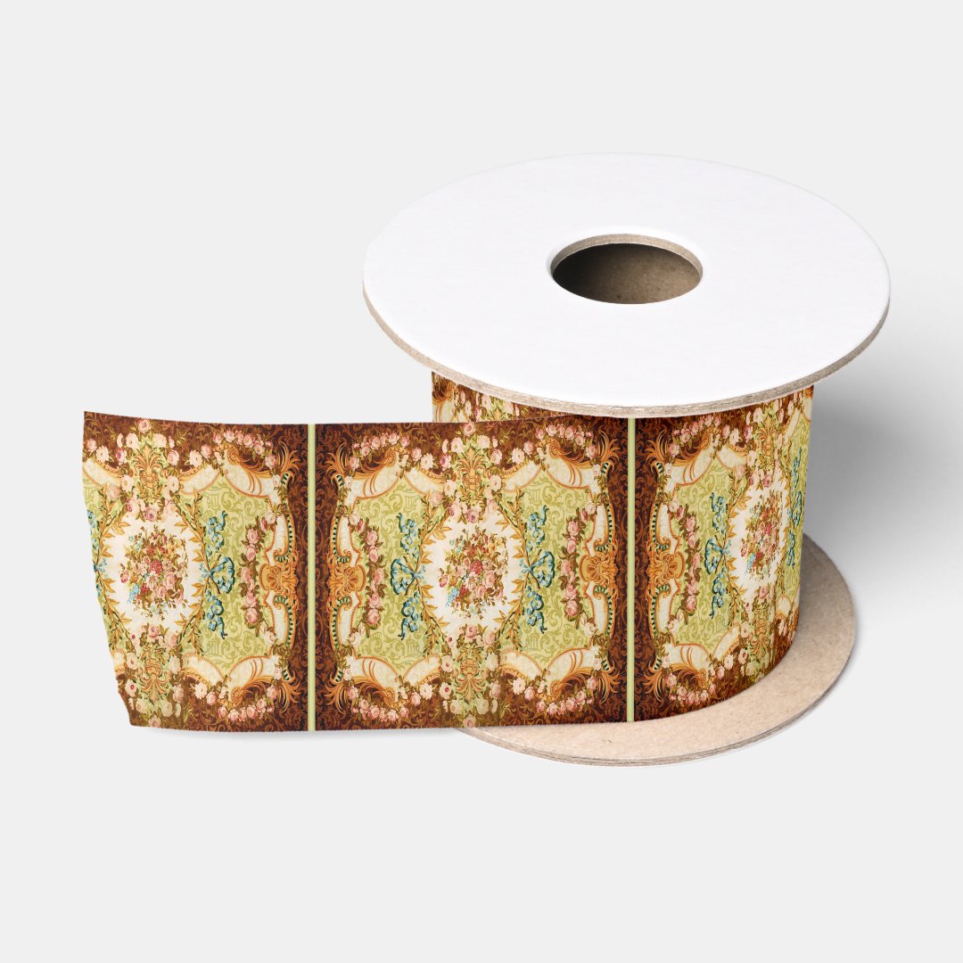 Baroque Victorian floral rose tapestry Satin Ribbon | Zazzle