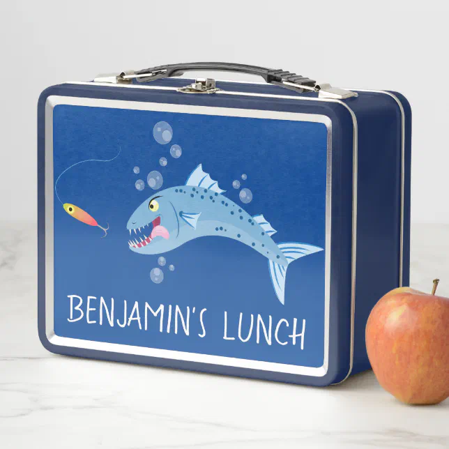 Barracuda hungry fishing cartoon illustration metal lunch box | Zazzle