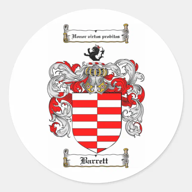 BARRETT FAMILY CREST - BARRETT COAT OF ARMS CLASSIC ROUND STICKER | Zazzle