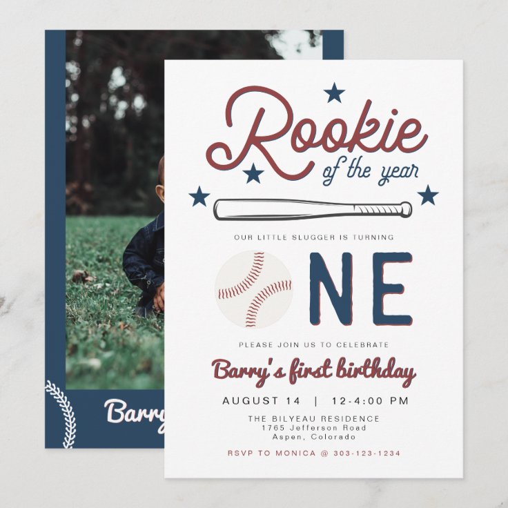 BARRY Rookie of the Year Baseball 1st Birthday Inv Invitation | Zazzle