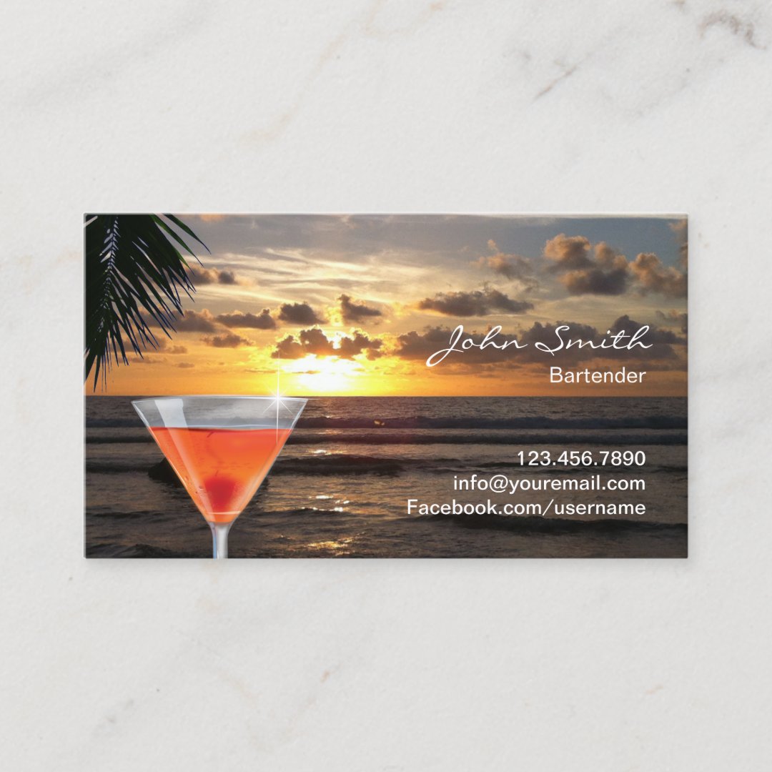 Bartender Tropical Sunset Beach Cocktail Business Card | Zazzle