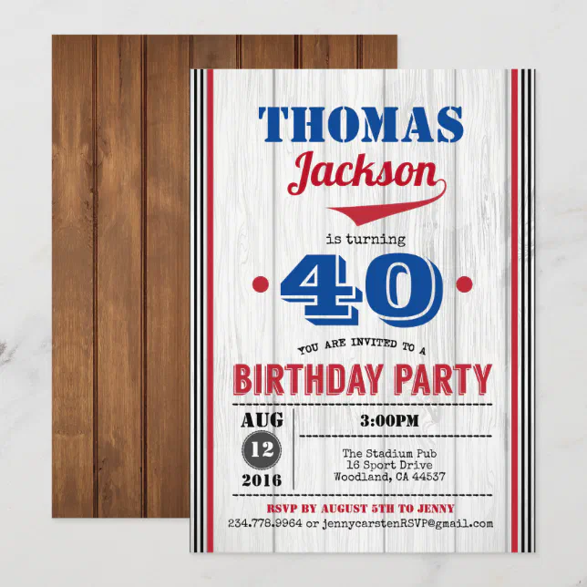 Baseball 40th birthday invitation. Rustic red blue Invitation | Zazzle