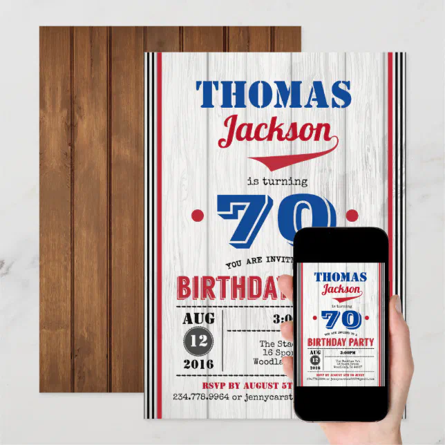Baseball 70th birthday invitation. Rustic wood Invitation | Zazzle