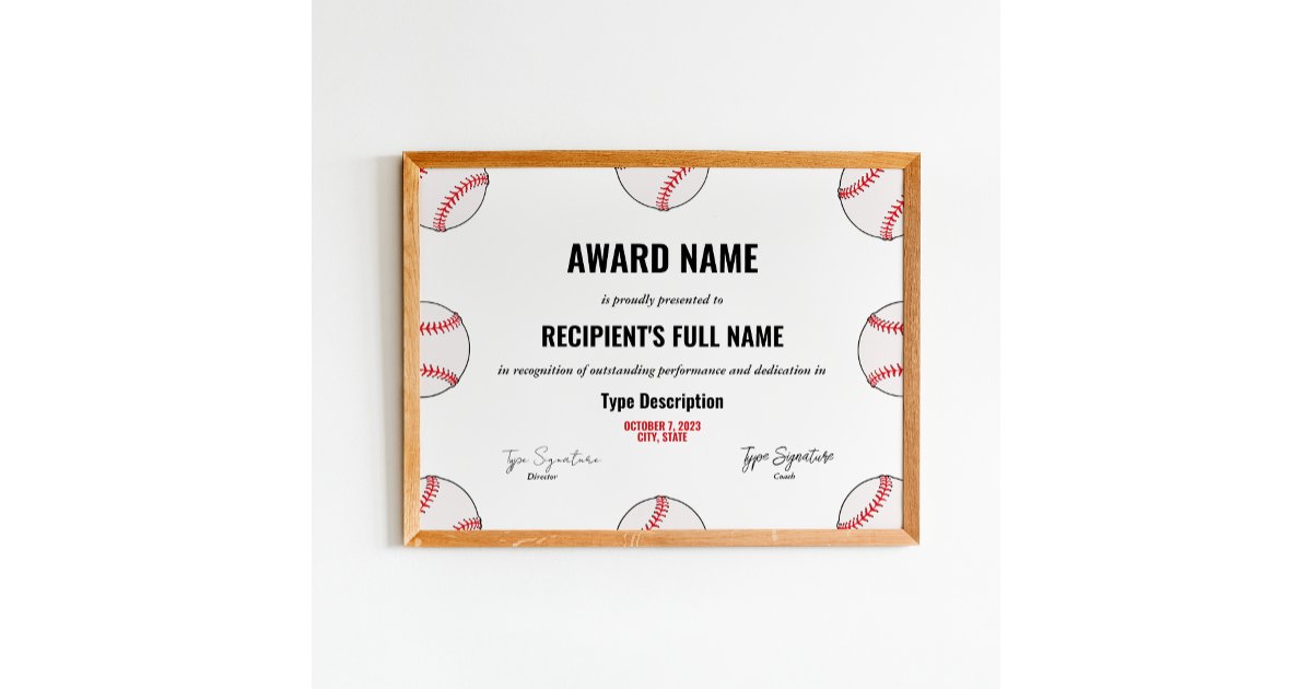Baseball Achievement Award Certificate - Instant Poster | Zazzle