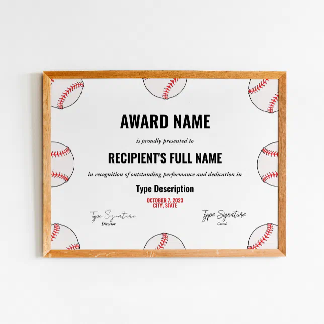 Baseball Achievement Award Certificate - Instant Poster | Zazzle