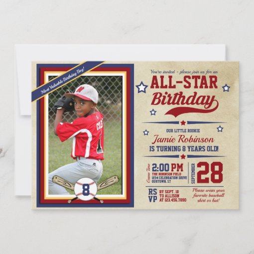 Baseball All-Star Photo Birthday Party Invitations | Zazzle