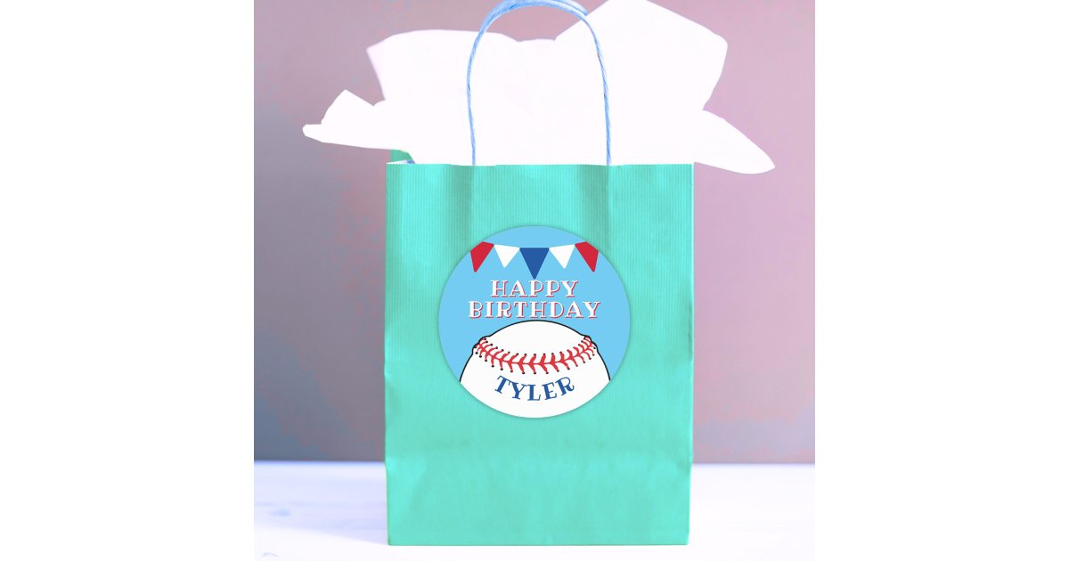 Baseball Ball Blue Kids Boy Name Happy Birthday Classic Round Sticker ...