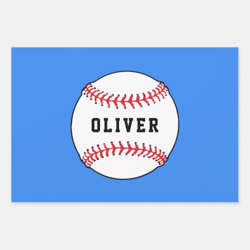 Baseball Ball Blue Pattern Kids Name Birthday Wrapping Paper Sheets ...