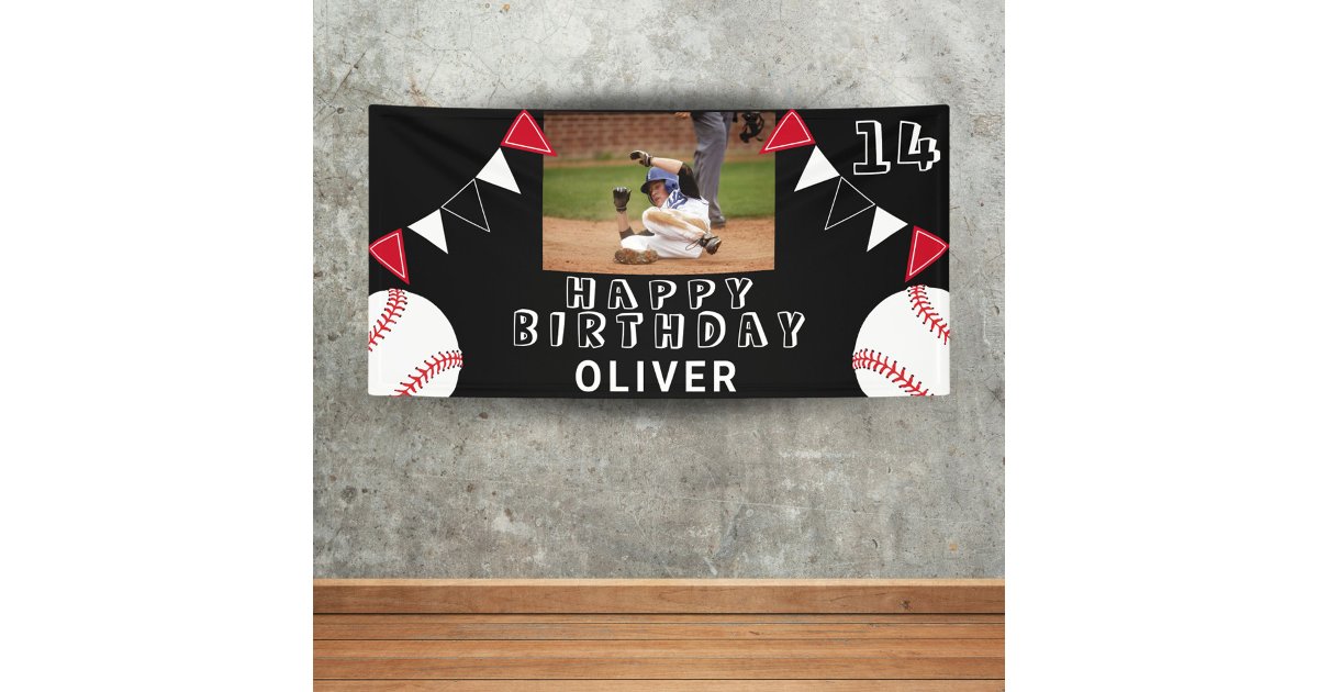 Baseball Ball Bunting Flags Black Photo Birthday Banner | Zazzle