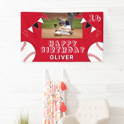 Baseball Ball Bunting Flags Red Photo Birthday Banner | Zazzle