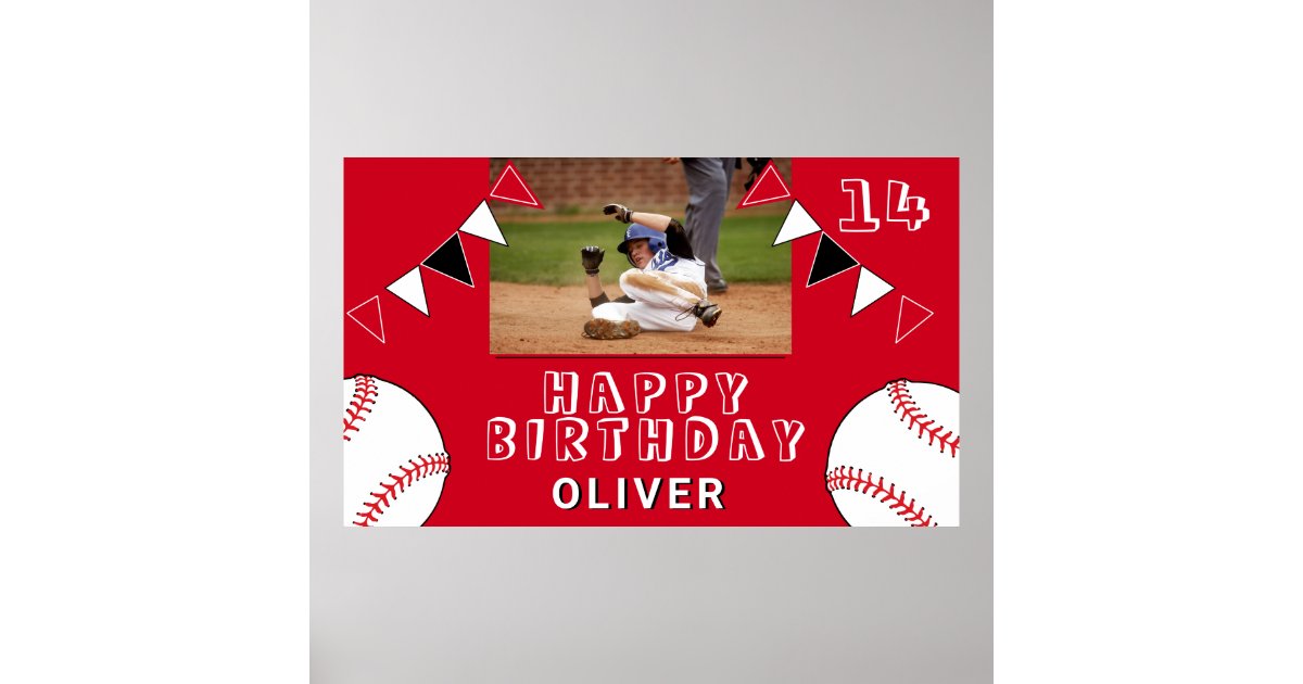 Baseball Ball Bunting Flags Red Photo Birthday Poster | Zazzle