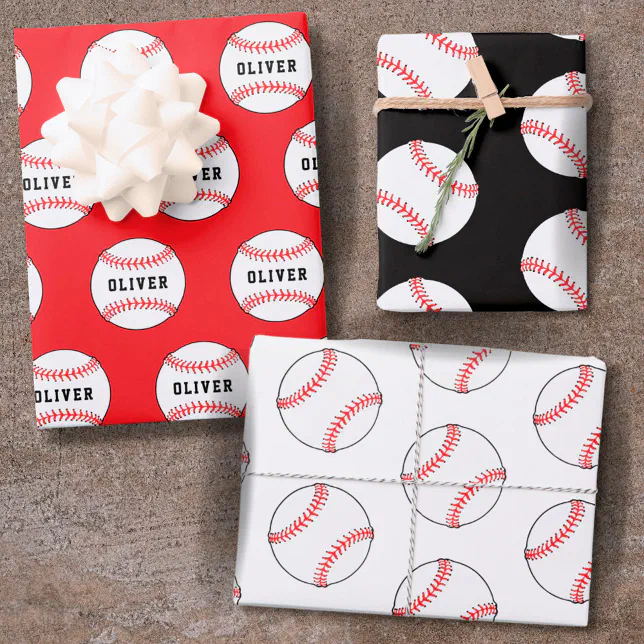 Baseball Ball Pattern Kids Name Birthday Wrapping Wrapping Paper Sheets ...