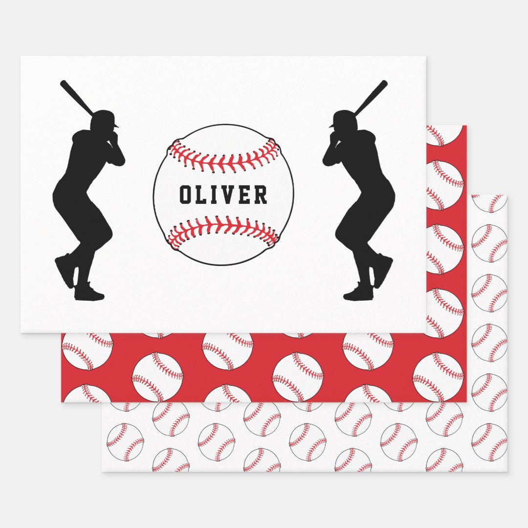 Baseball Ball Pattern Player Kids Name Birthday Wrapping Paper Sheets ...
