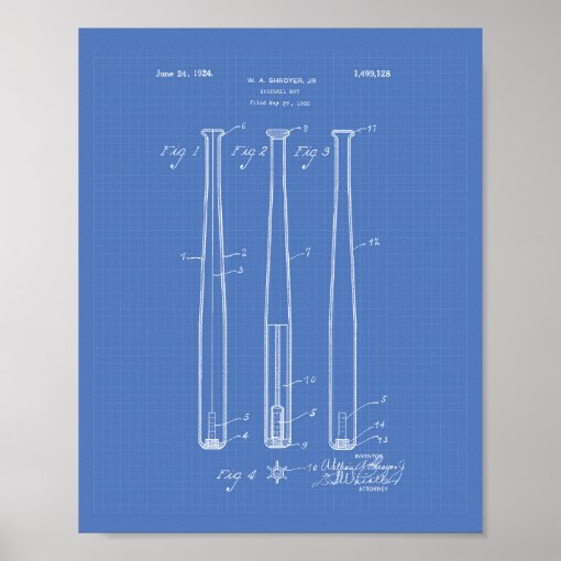 Baseball Bat 1924 Patent Art - Blueprint Poster | Zazzle