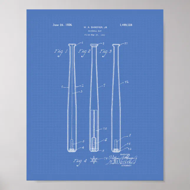 Baseball Bat 1924 Patent Art - Blueprint Poster | Zazzle