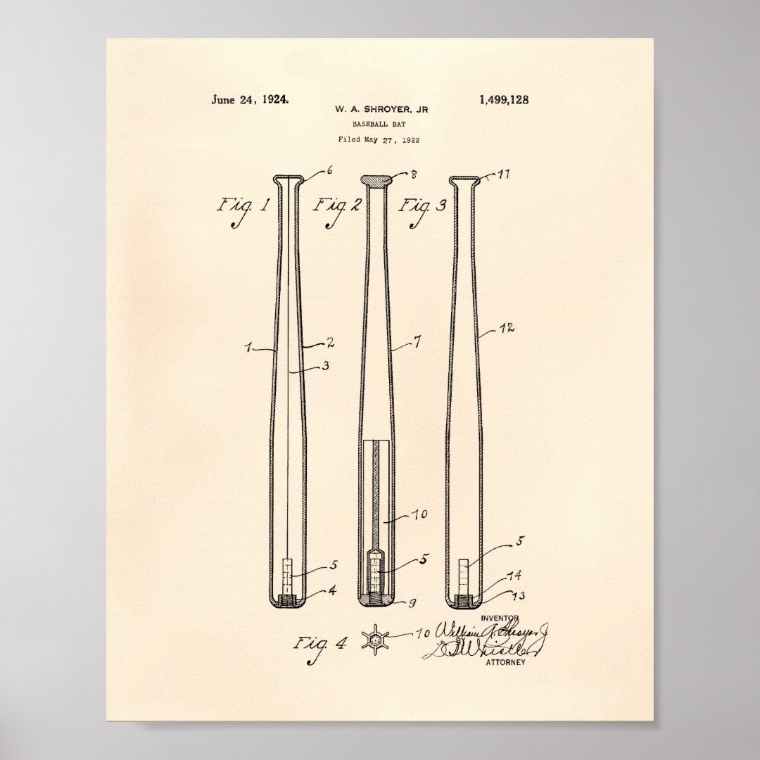 Baseball Bat 1924 Patent Art - Old Peper Poster | Zazzle