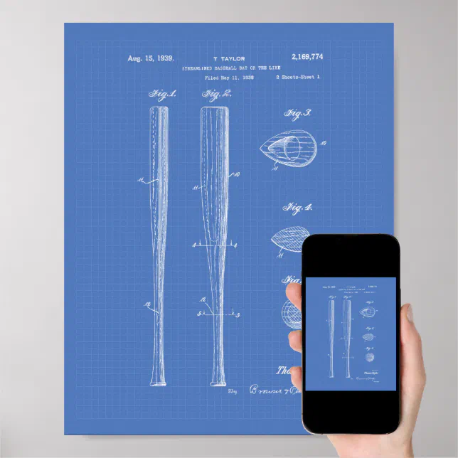 Baseball Bat 1939 Patent Art - Blueprint Poster | Zazzle