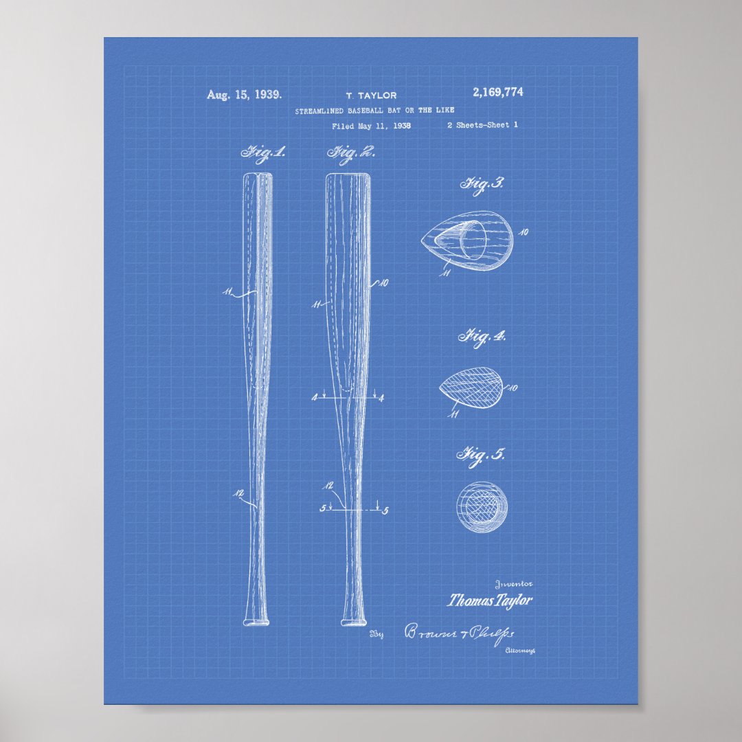 Baseball Bat 1939 Patent Art - Blueprint Poster | Zazzle
