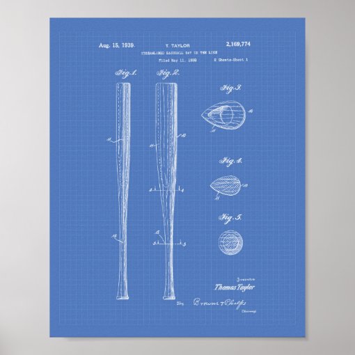 Baseball Bat 1939 Patent Art - Blueprint Poster | Zazzle