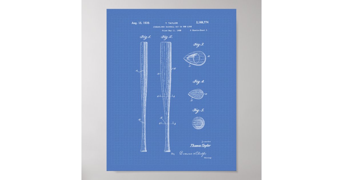 Baseball Bat 1939 Patent Art - Blueprint Poster | Zazzle