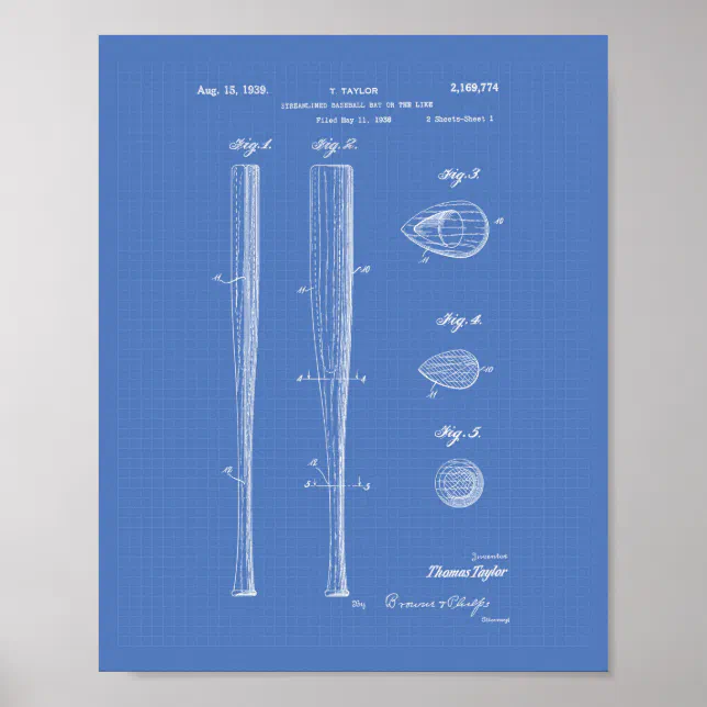 Baseball Bat 1939 Patent Art - Blueprint Poster | Zazzle