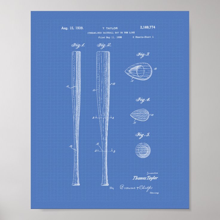 Baseball Bat 1939 Patent Art - Blueprint Poster | Zazzle