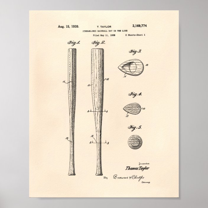 Baseball Bat 1939 Patent Art - Old Peper Poster | Zazzle.com