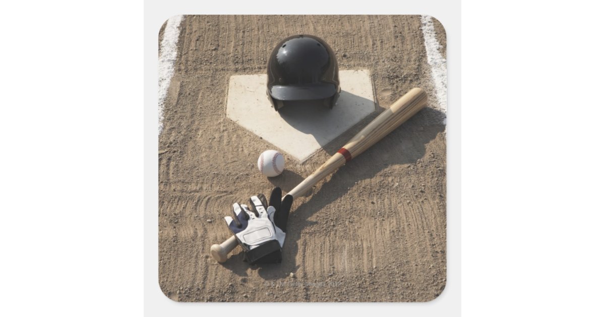 Baseball, bat, batting gloves and baseball square sticker | Zazzle