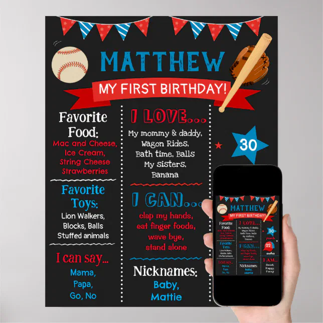 Baseball Birthday Milestone Sign Chalkboard Poster | Zazzle