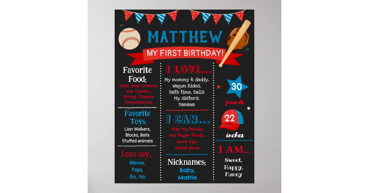 Baseball Birthday Milestone Sign Chalkboard Poster | Zazzle