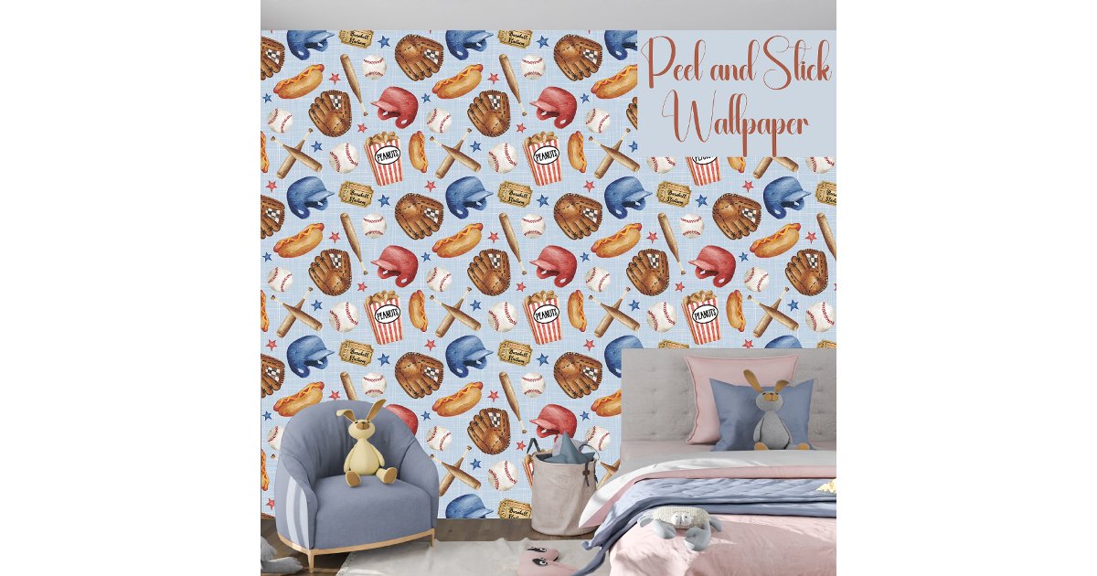Baseball Blue And Red Sport Boys Peel And Stick Wallpaper | Zazzle