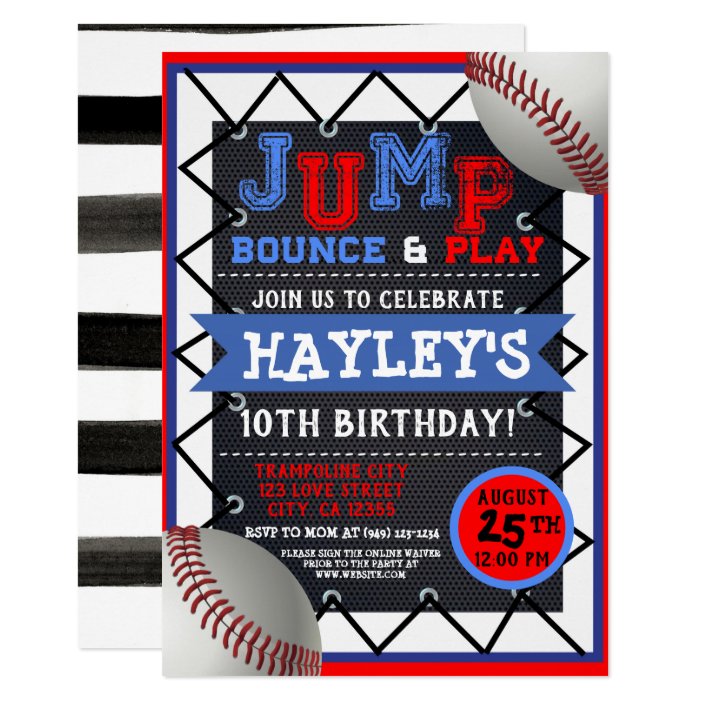 Baseball boys kids Jump & Play Trampoline Park Invitation | Zazzle.com