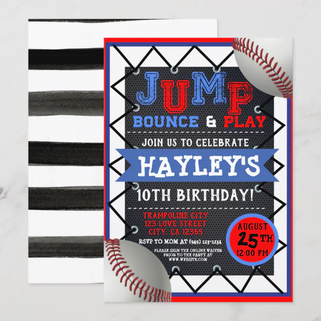 Baseball boys kids Jump & Play Trampoline Park Invitation | Zazzle