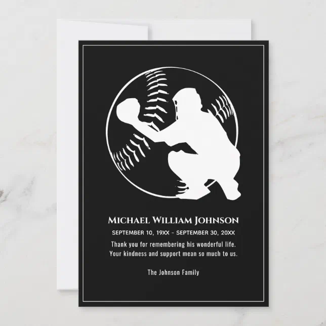 Baseball Catcher Funeral Memorial Black And White Thank You Card | Zazzle