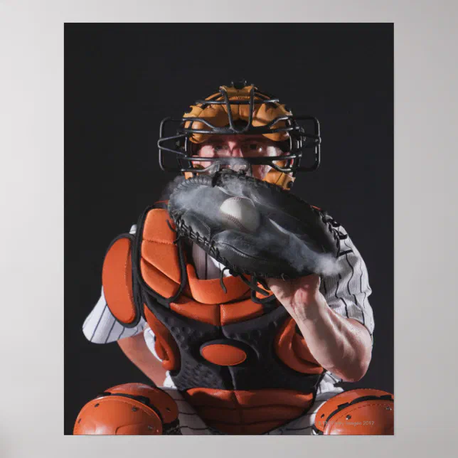 Baseball catcher holding ball in mitt poster | Zazzle