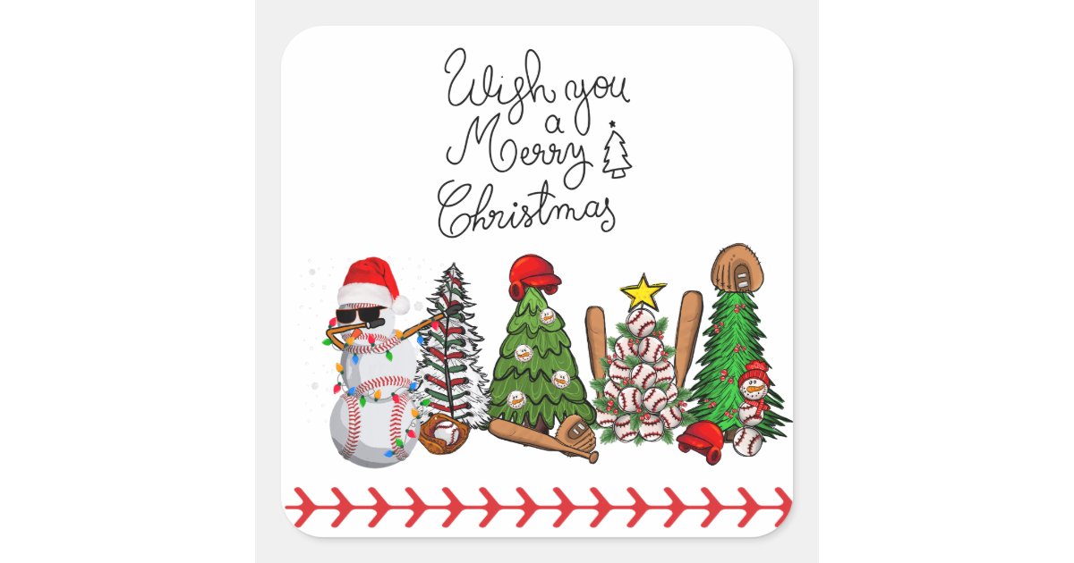 Baseball Christmas with gifts and ball Square Sticker | Zazzle