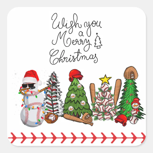 Baseball Christmas with gifts and ball Square Sticker | Zazzle