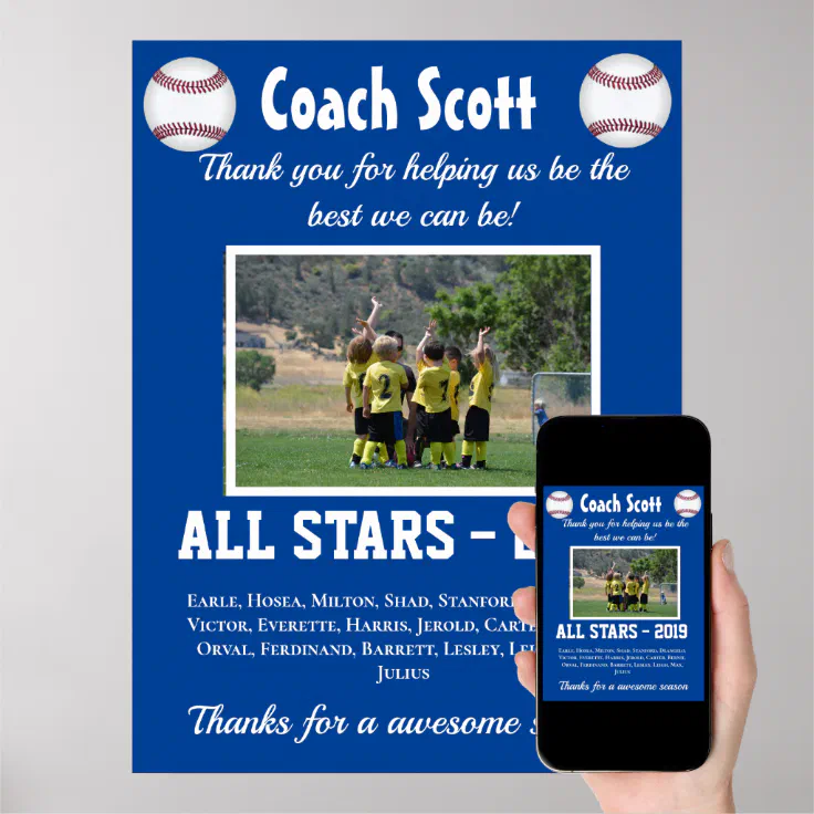 Baseball coach gift with team photo poster | Zazzle