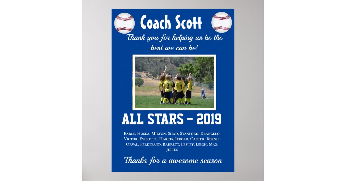 Baseball coach gift with team photo poster | Zazzle